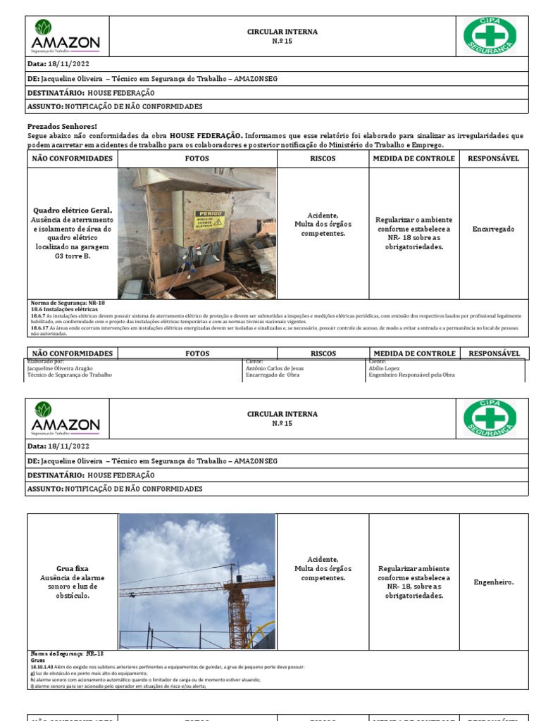 Relatório de NÃO CONFORMIDADES HOUSE FEDERAÇÃO CIRCULAR 15 12-11-22 ...