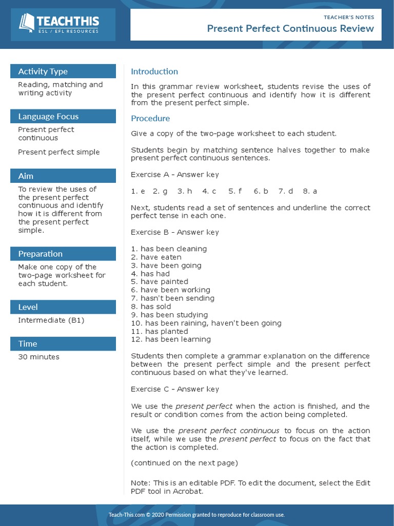 Present Perfect Continuous Review | PDF | English As A Second Or ...