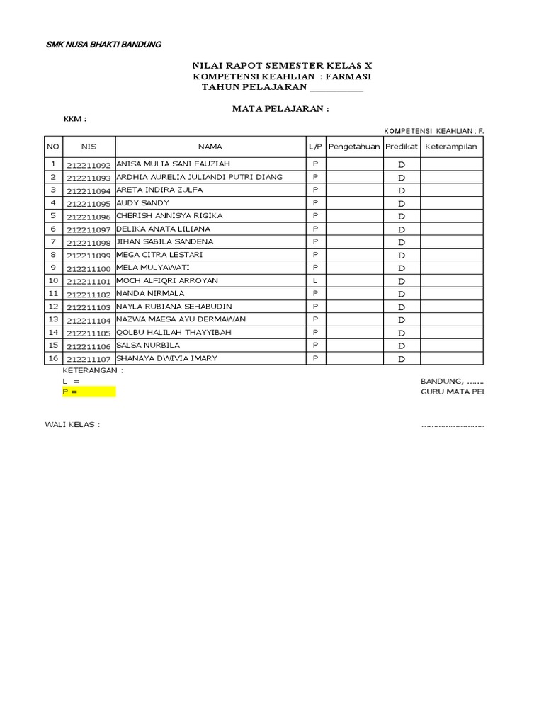 Contoh Form Nilai Raport | PDF