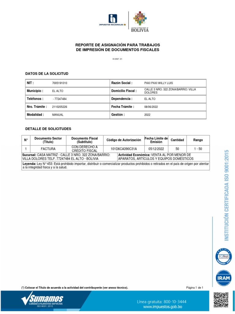 Reporte de Asignación para Trabajos de Impresión de Documentos Fiscales | PDF