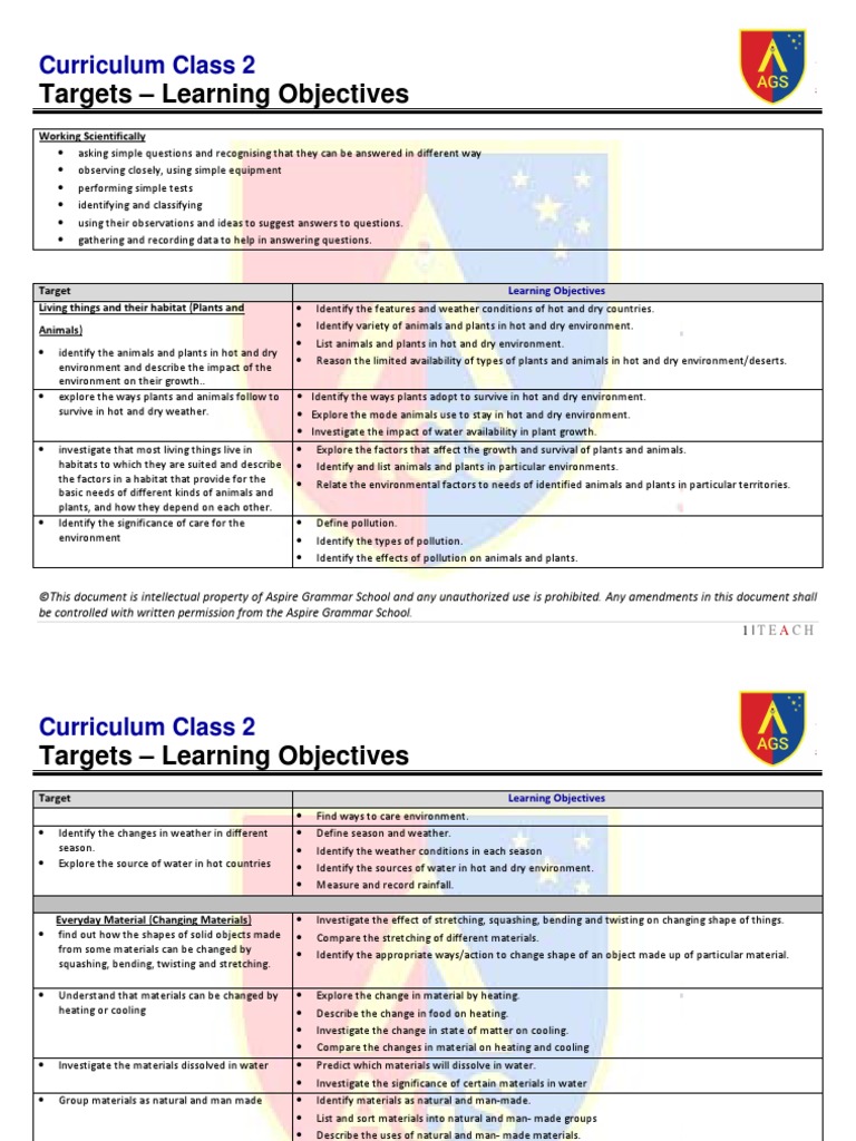 Curriculum Class 2 Objectives for Living Things, Materials, Light, Electricity | PDF | Natural ...