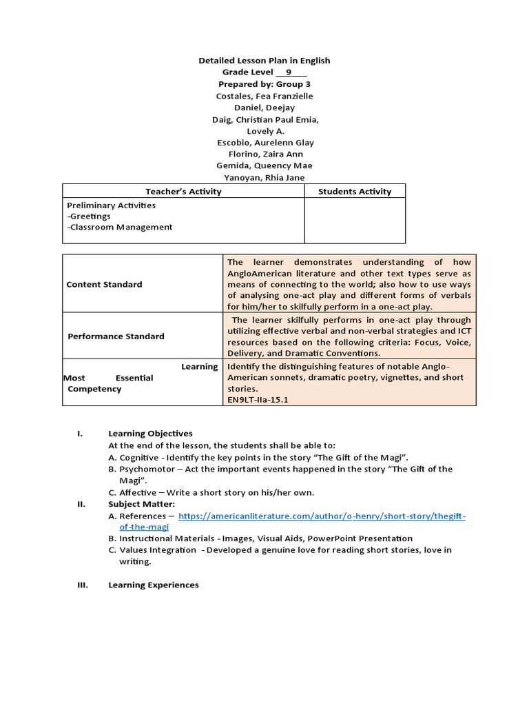 Detailed Lesson Plan Short Story G3 | PDF | Narrative | Lesson Plan