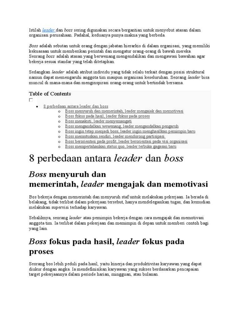 8 Perbedaan Antara Leader Dan Boss | PDF