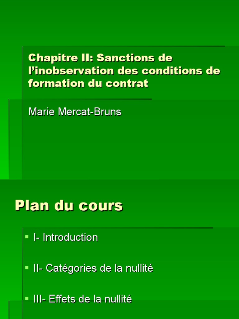 Sanctions de L-Inobservation Des Conditions de Formation Du Contrat ...