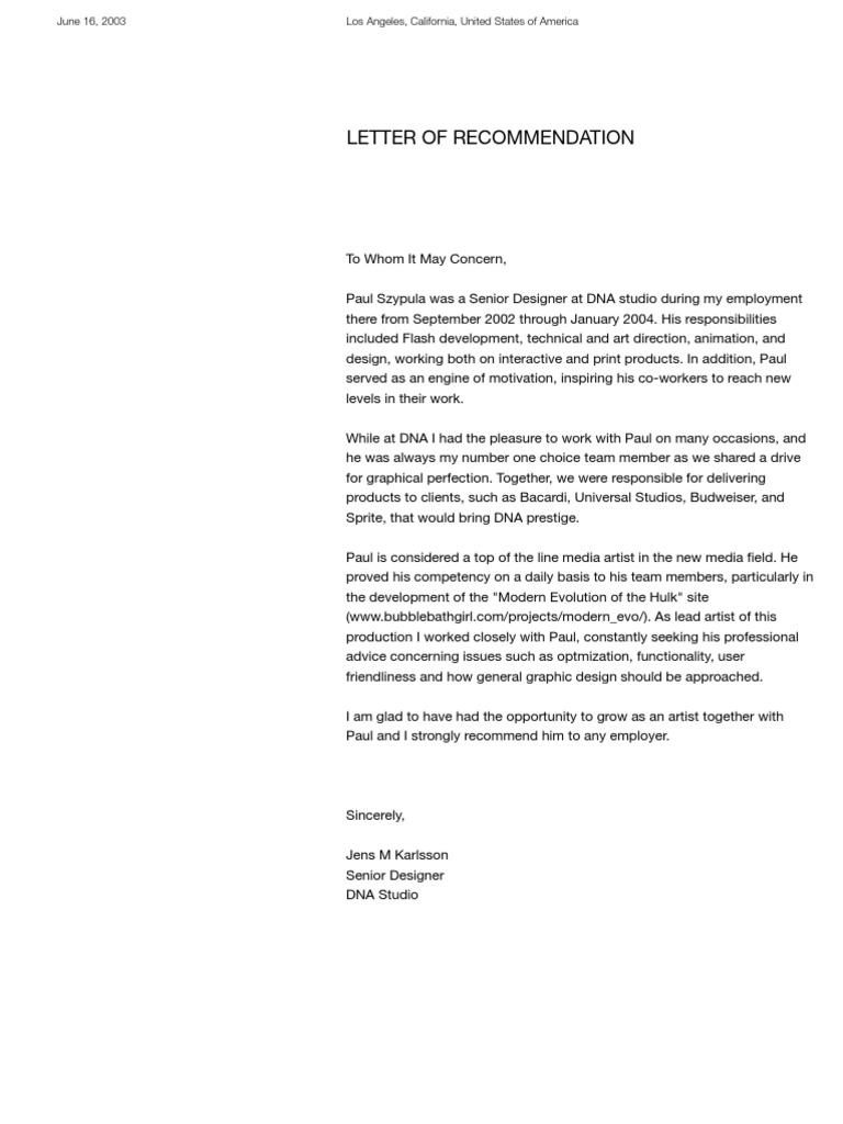 Graphic Designer Recommendation Letter | PDF