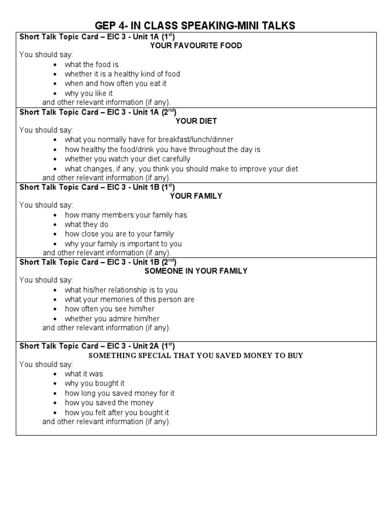 EIC 3 Speaking Mini Talks Guide | PDF | Gender Role | Stereotypes