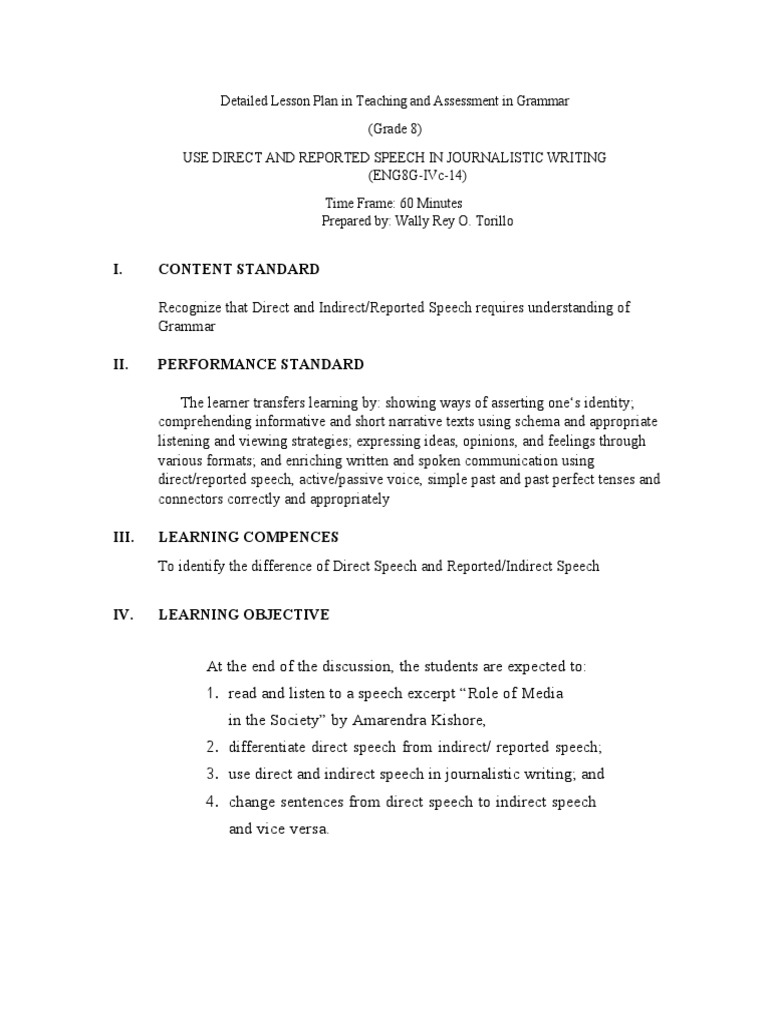 Lesson Plan Direct and Reported Speech | PDF | Lesson Plan | Thought