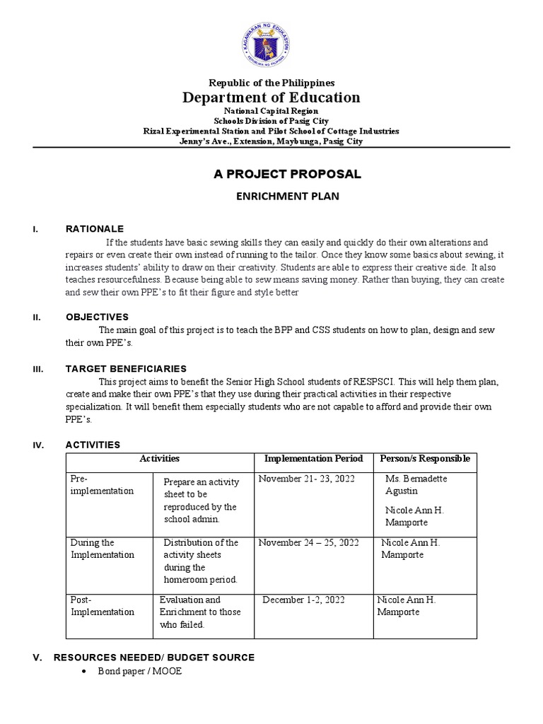 Project Proposal | PDF | Sewing