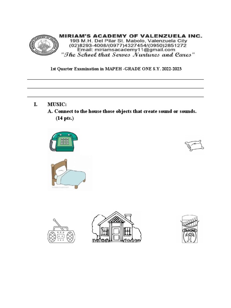 1st Quarter MAPEH Exam for Grade 1 | PDF