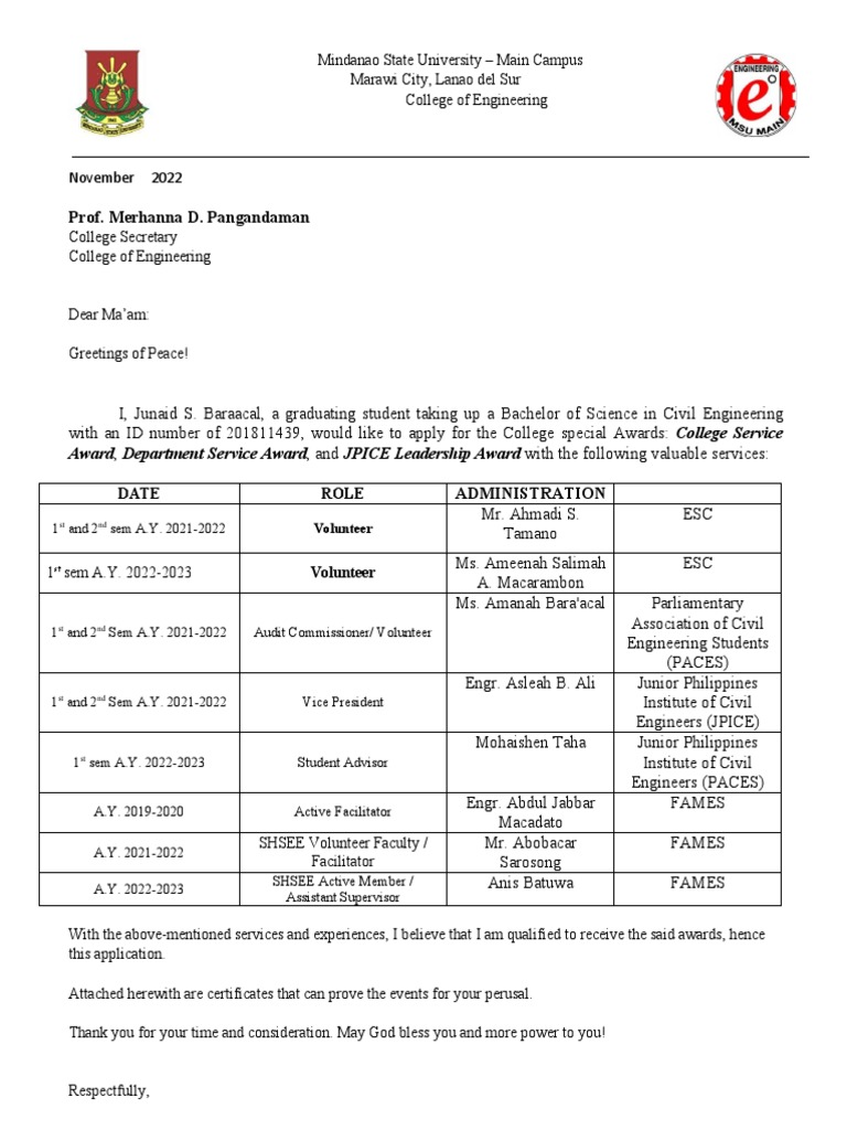 MSU College Award Application | PDF