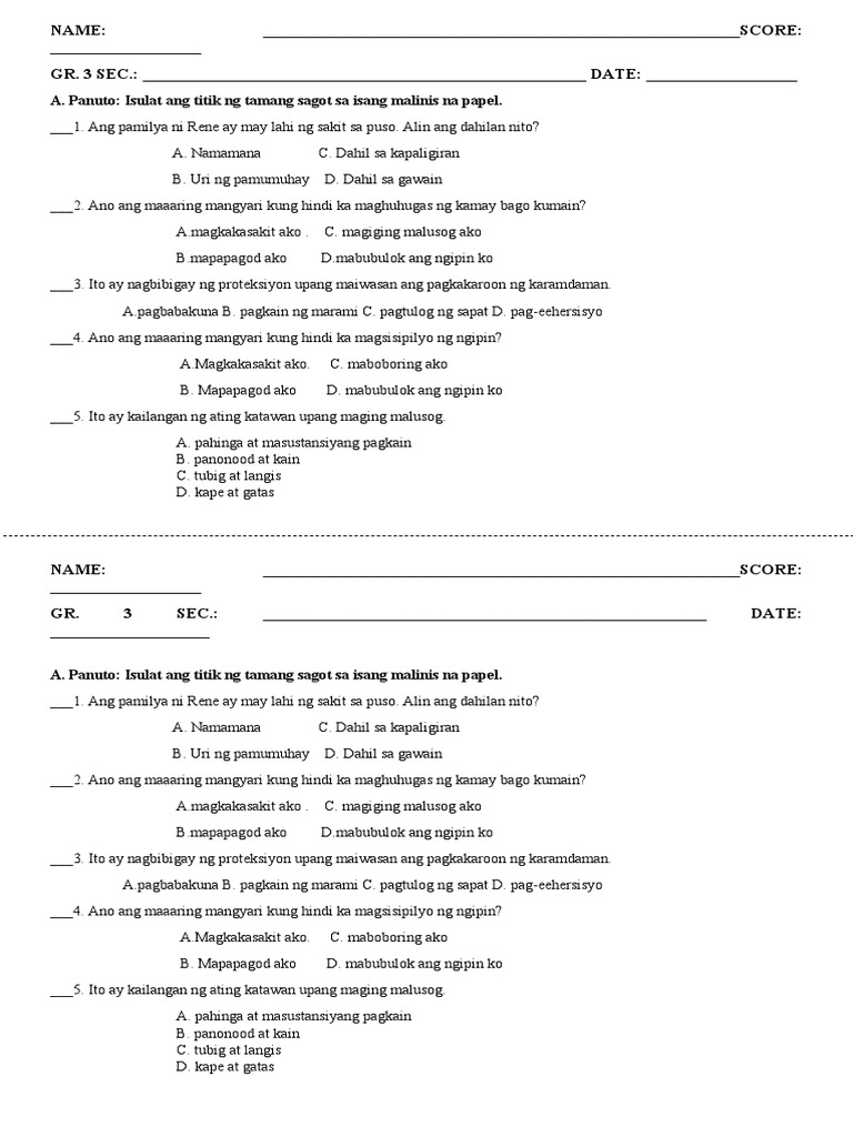 Answer Sheet Periodic Test MAPEH | PDF