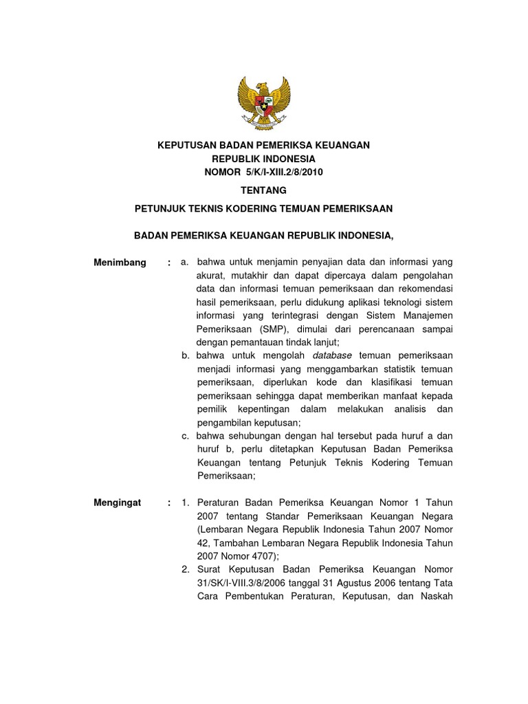 Kep - BPK Ri 5 I K I Xiii.2!8!2020 Juknis Kodering Temuan Pemeriksaan | PDF