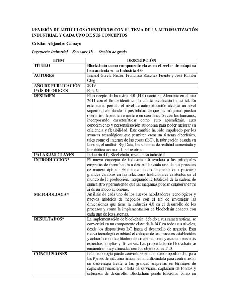Revisión de Artículos Científicos Con El Tema de La Automatización Industrial y Cada Uno de Sus ...