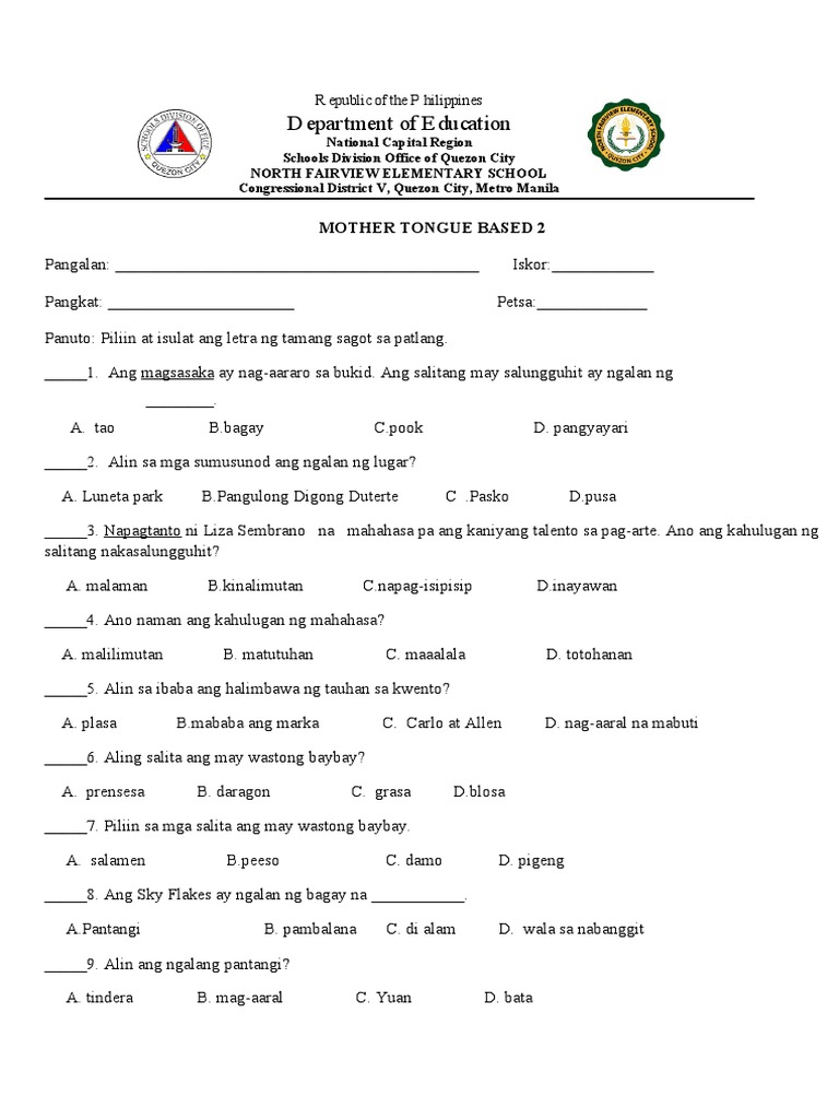 1st Periodical Test MTB - With Heading | PDF