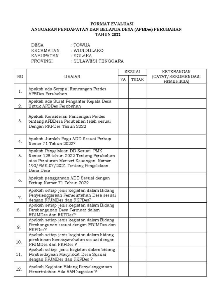 Ceklis Apbdes Perubahan 2022 | PDF