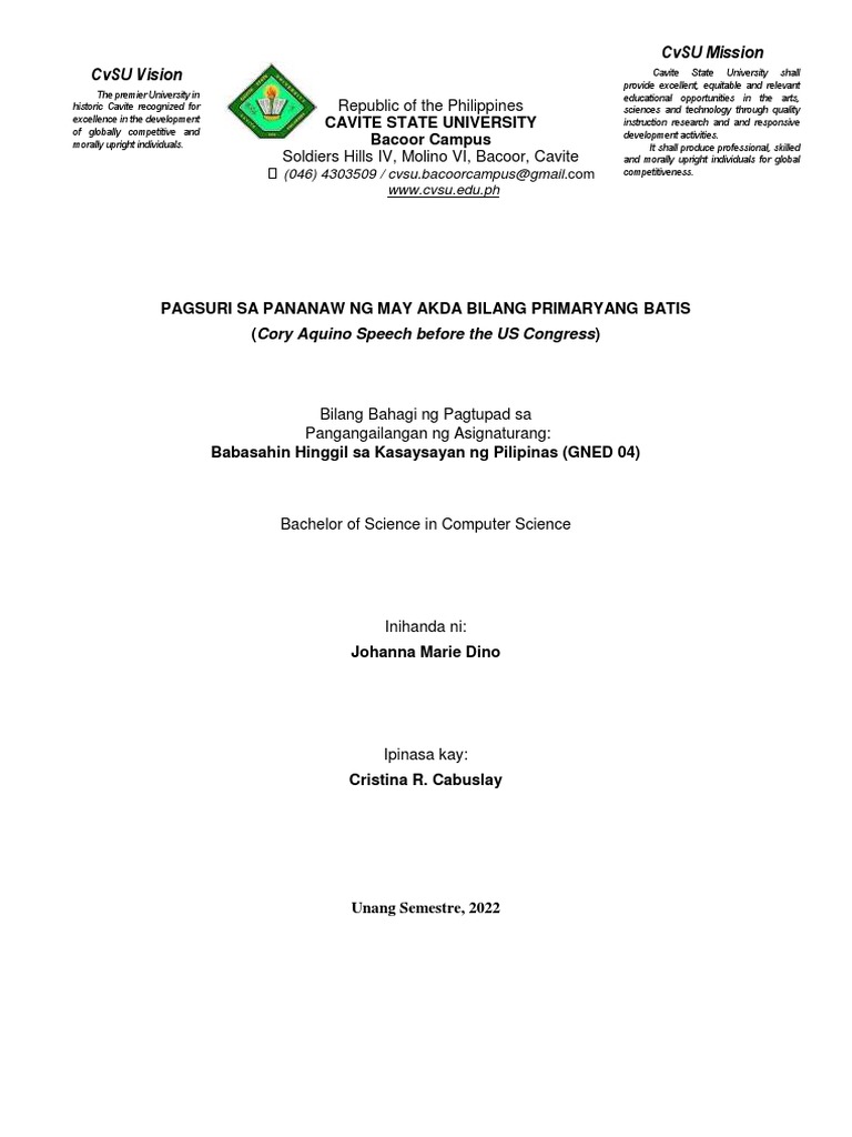 PAGSURI SA PANANAW NG MAY AKDA BILANG PRIMARYANG BATIS (Cory Aquino ...