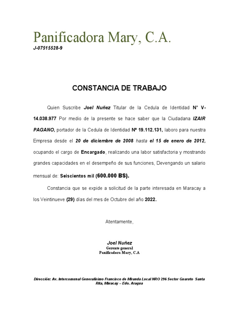 Constancia de Trabajo Modelo | PDF