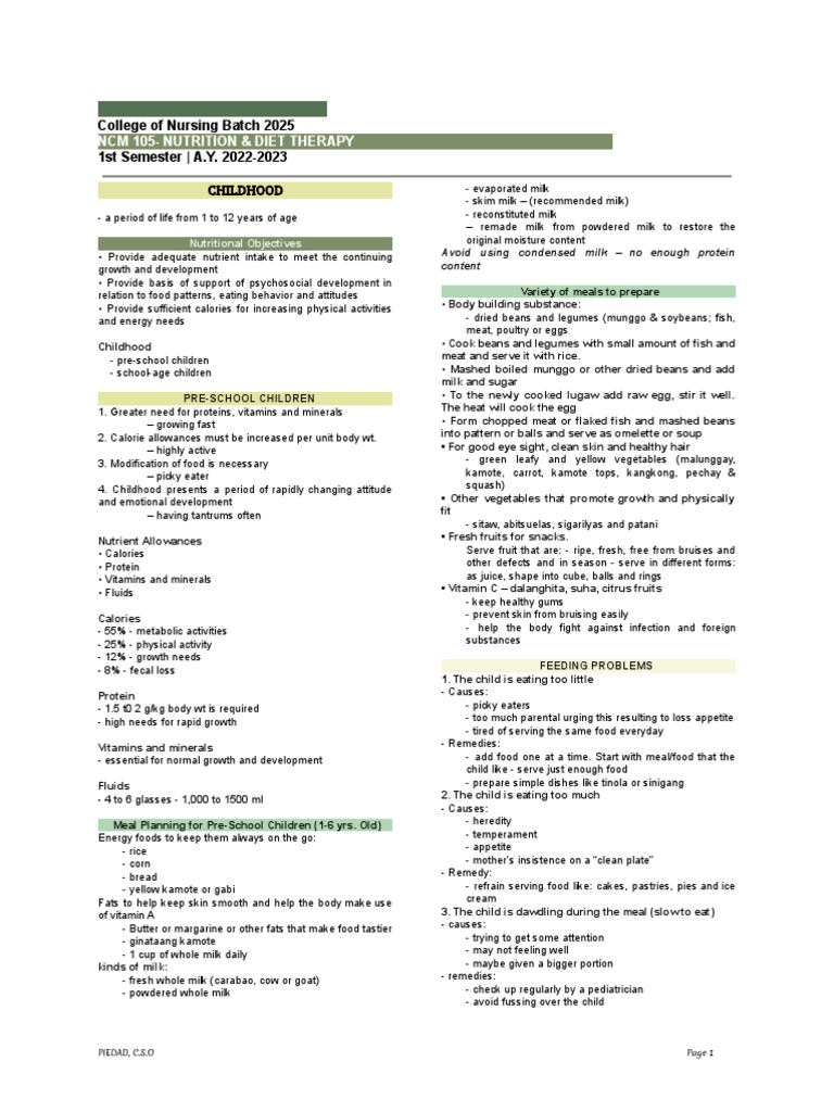 NCM 105 - Childhood Nutrition | PDF | Foods | Milk
