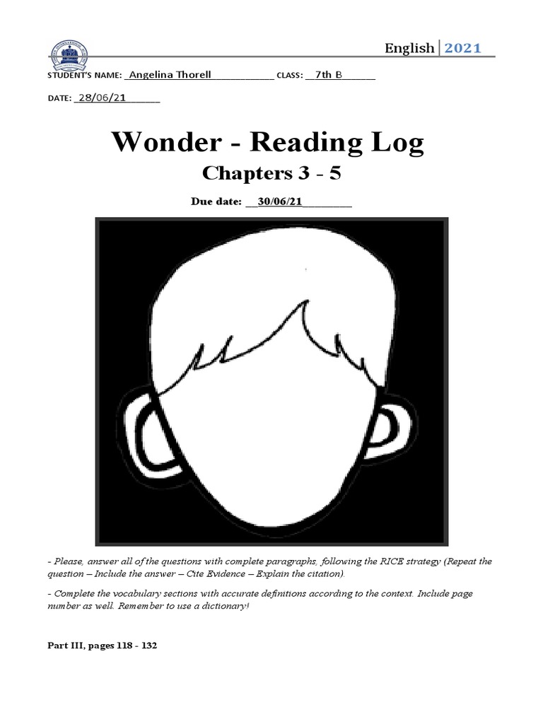 Wonder Reading Log: Chapters 3-5 Summary | PDF