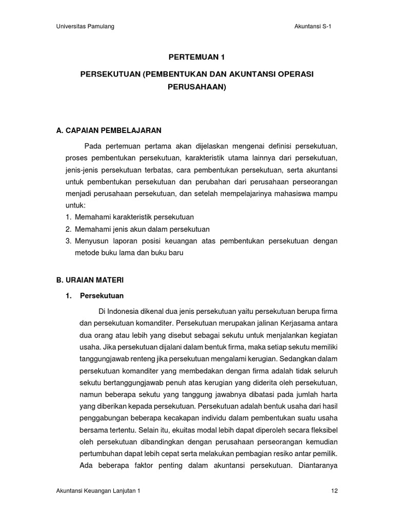Pertemuan 1 - Persekutuan (Pembentukan Dan Akuntansi Operasi Perusahaan) | PDF
