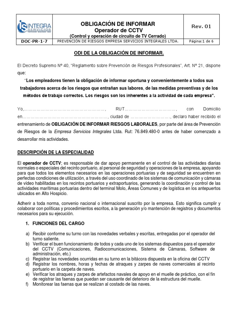 DOC-PR-1-7 Registro OIR Operador CCTV | PDF | Circuito cerrado de televisión | Lesión