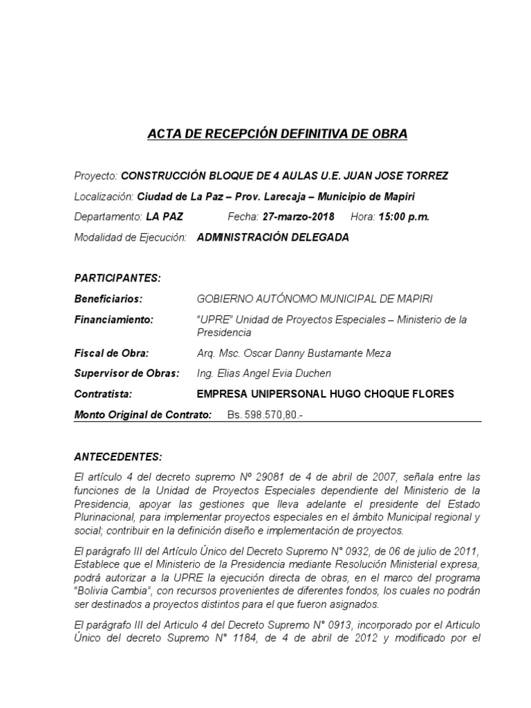 Acta de Recepción Definitiva Juan Jose Torrez | PDF | Bolivia