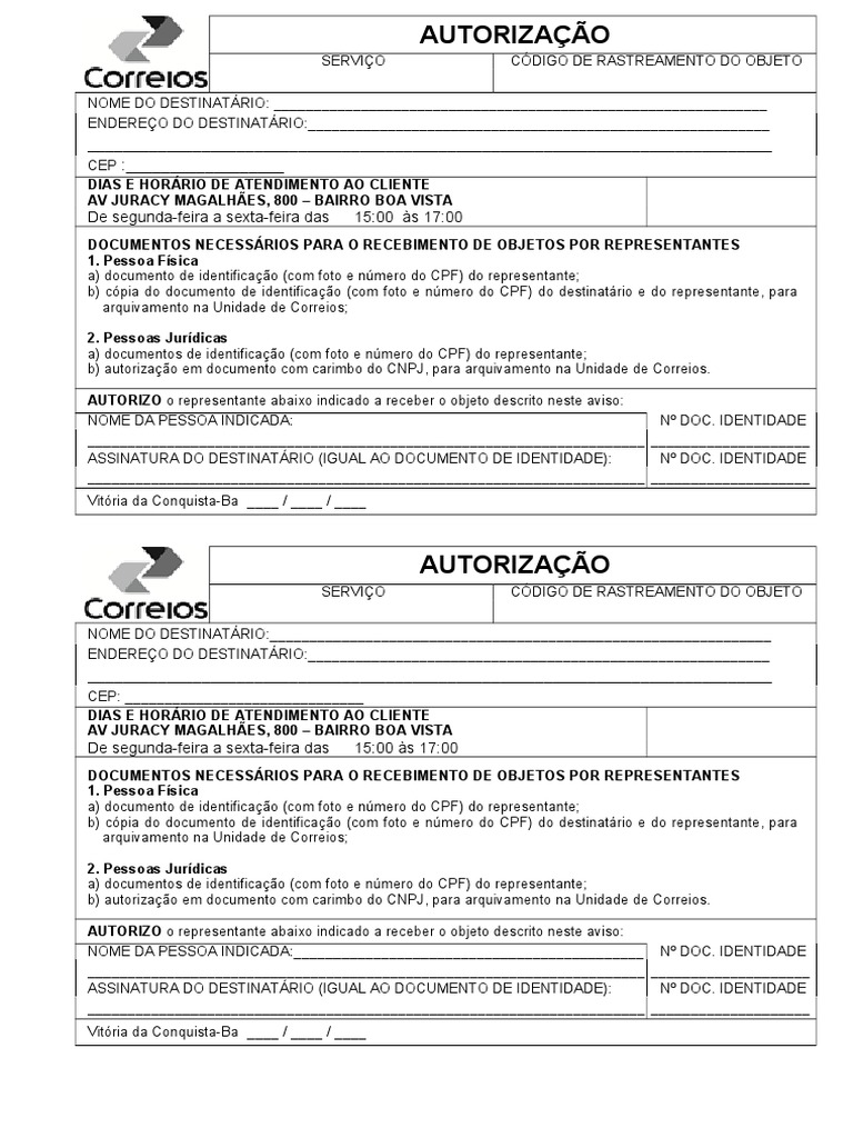 Autorização Retirada Objeto - Modelo | PDF Autorização Retirada Objeto - Modelo | PDF