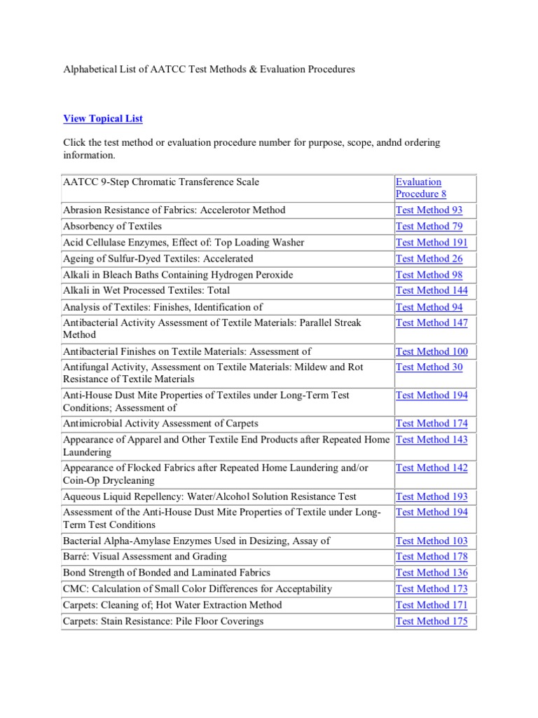 Alphabetical List of AATCC Test Methods & Evaluation Procedures ...