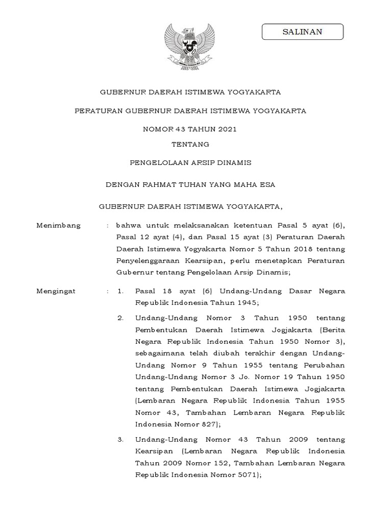 Pergub DIY No.43 Tahun 2021 | PDF