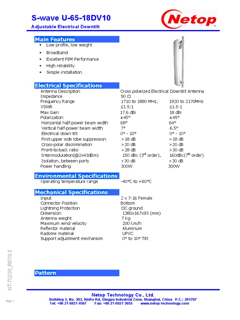 S-Wave U-65-18DV10: Main Features | PDF | Antenna (Radio) | Telecommunications
