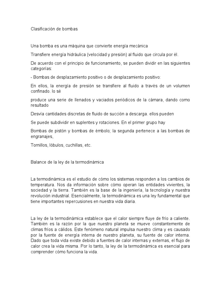Clasificación de Bombas Termodinámicas | PDF | Bomba | Termodinámica