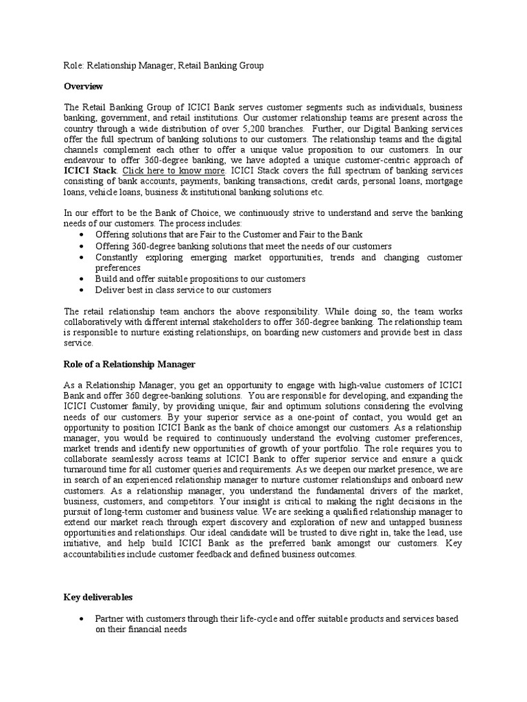 JD - Relationship Manager, Retail Banking | PDF | Banks | Sales