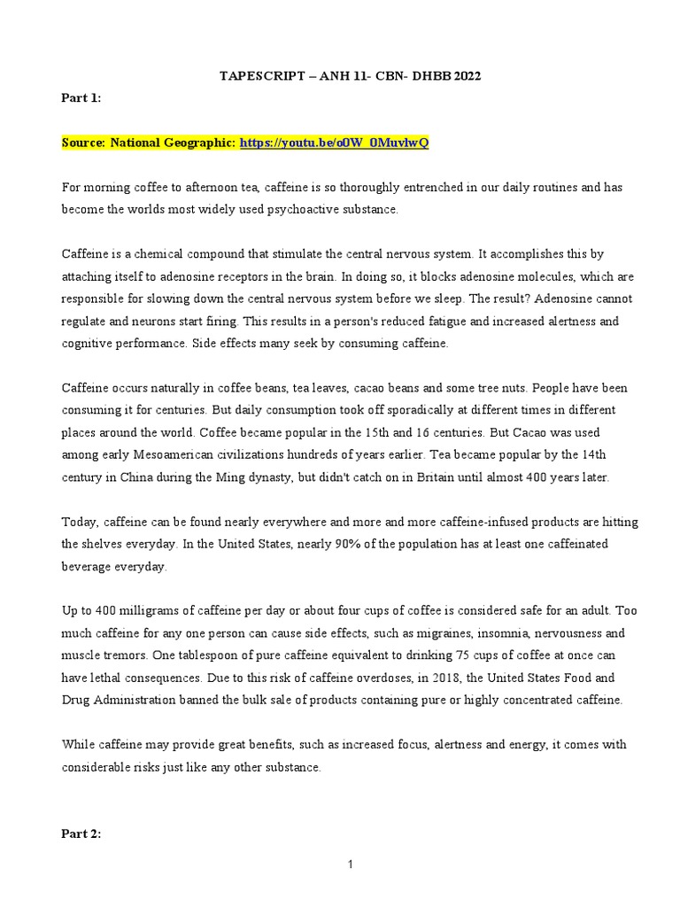 Tapescript - Anh 11 - CBN | PDF | Caffeine | Mindset