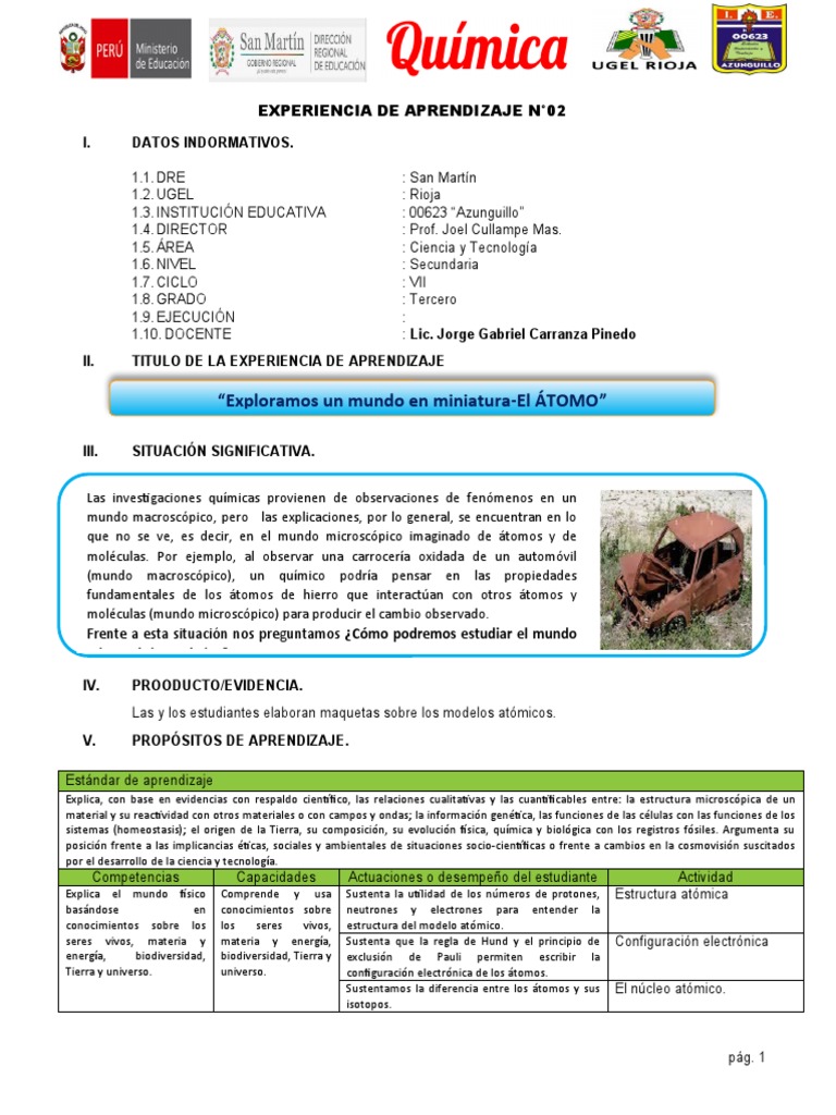 Experiencia de Aprendizaje N°02 - CyT-Azunguillo-3°Sec | PDF | Átomos | Importar