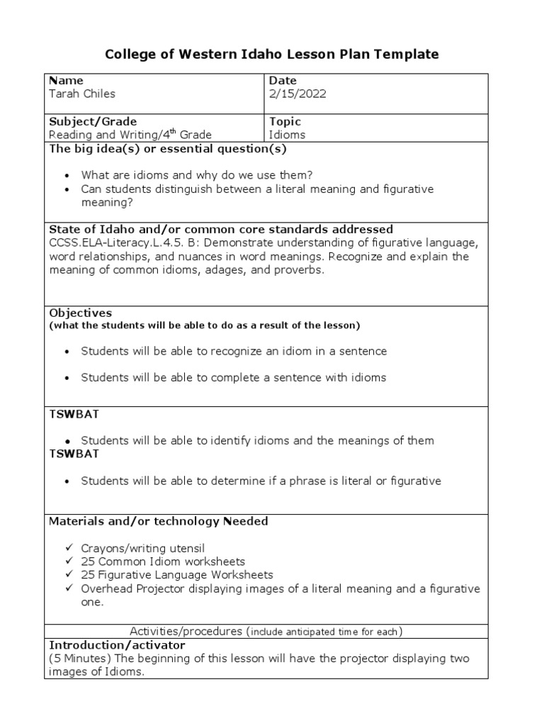 lesson plan | PDF | Idiom | Lesson Plan