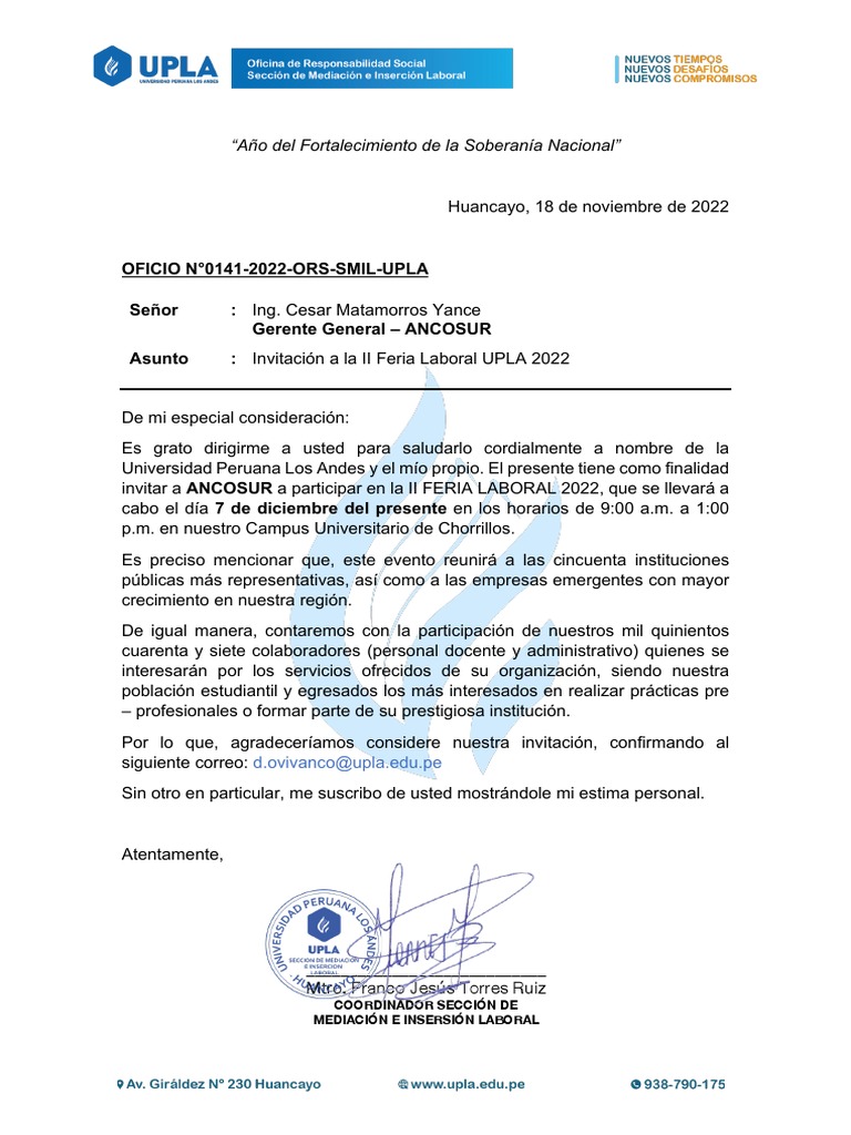 Oficio N°0141-2022-Ors-Smil-Upla | PDF