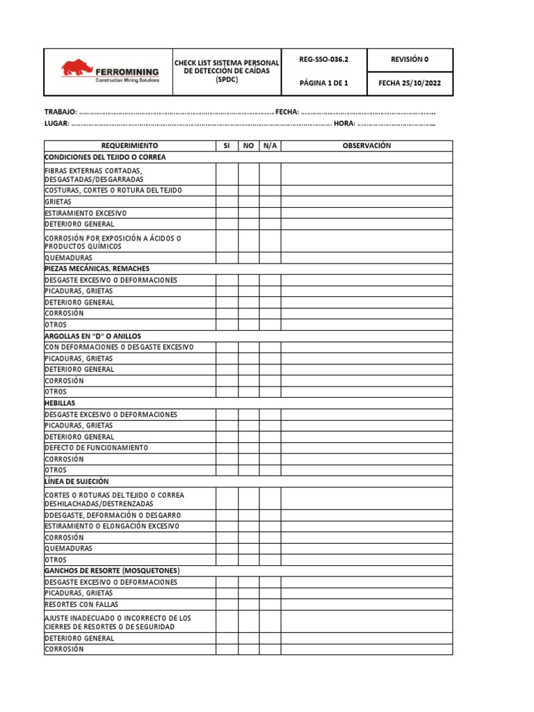 Check List SPDC (Arnes de Seguridad) | PDF | Materiales | Ingeniería mecánica