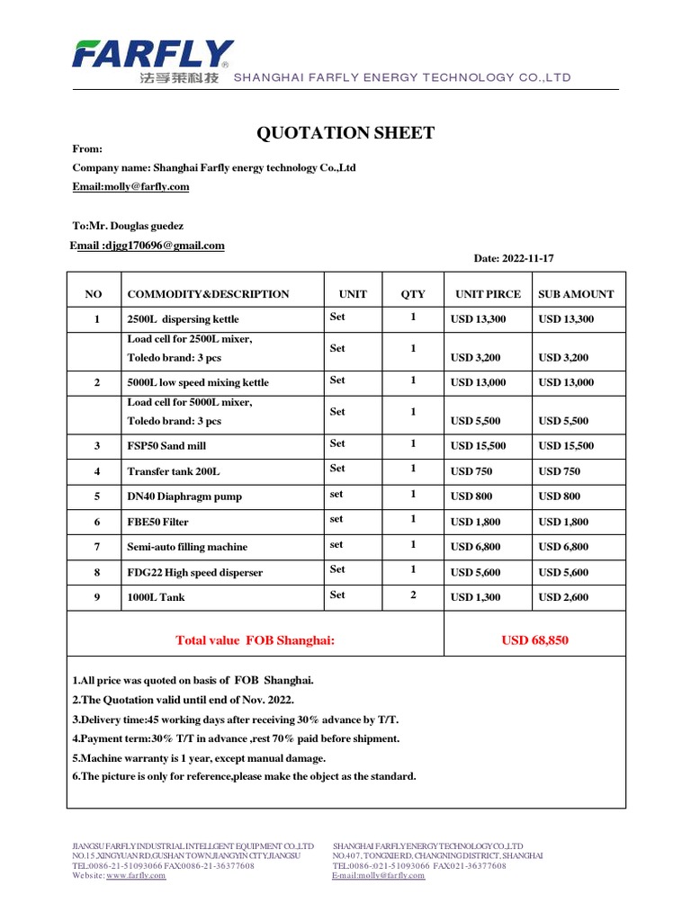 Quotation Sheet From Farfly 11-17 | PDF | Pump | Mill (Grinding)