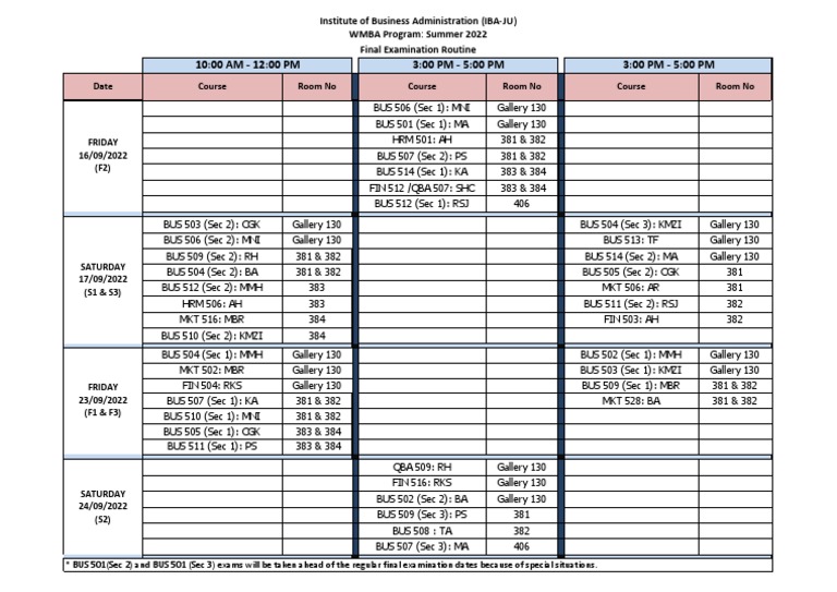 Final Exam Routine Summer 2022 - Students | PDF