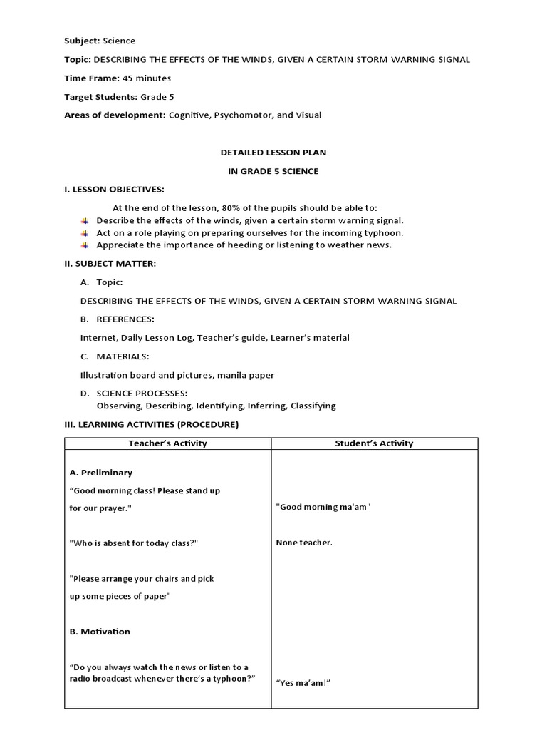 Detailed Lesson Plan in Grade 5 Science Jonie | PDF | Tropical Cyclones ...