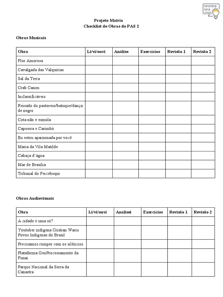 Checklist de Obras Do PAS 2 | PDF