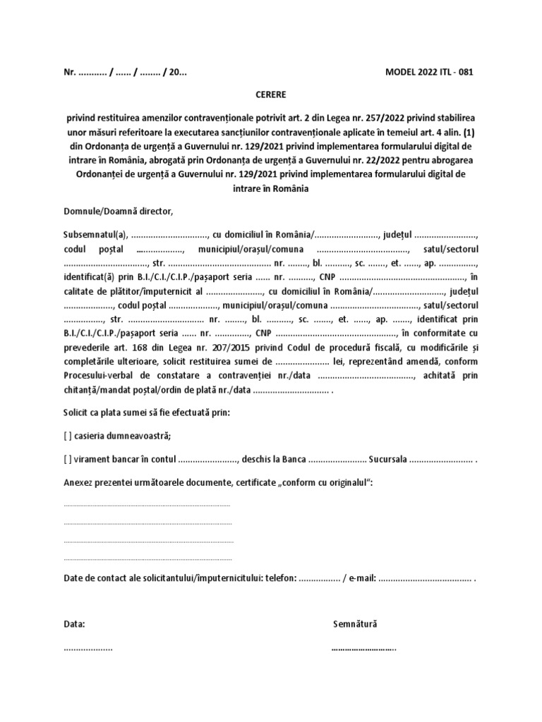 Cerere Restituire Amenda | PDF