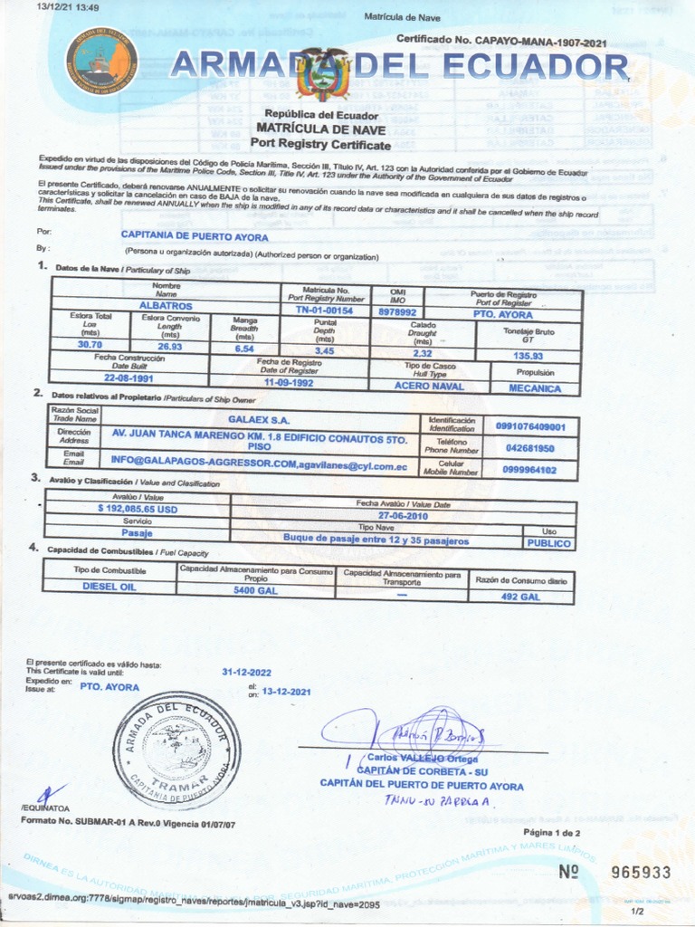 Matricula Nave 2022 Albatros039 | PDF