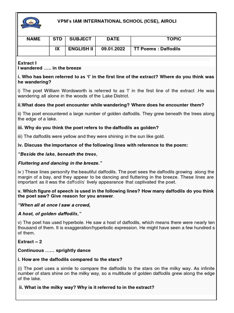VPM’s IAM INTERNATIONAL SCHOOL (ICSE), AIROLI Daffodils Poem Analysis ...