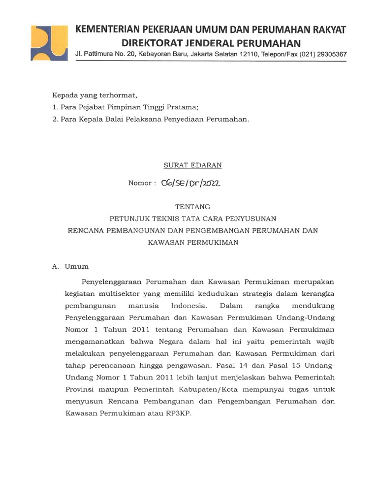 SE Dirjen Perumahan 06 2022 Tentang Petunjuk Teknis Penyusunan RP3KP | PDF SE Dirjen Perumahan 06 2022 Tentang Petunjuk Teknis Penyusunan RP3KP | PDF