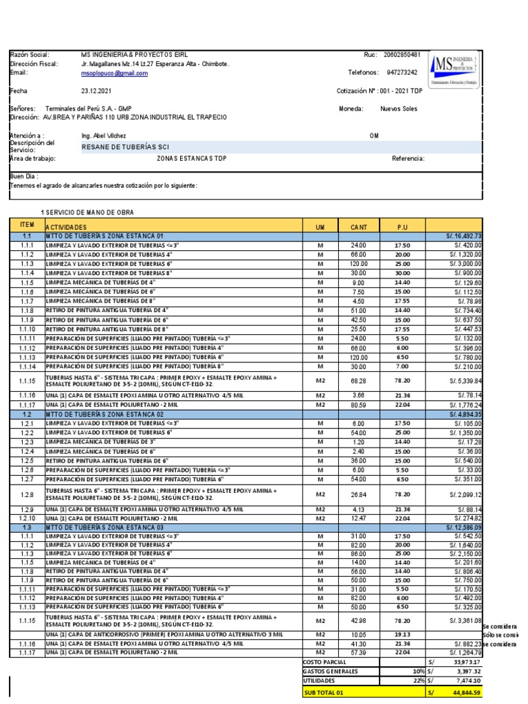 Resane de tuberías en zonas estancas de Terminales del Perú S.A ...