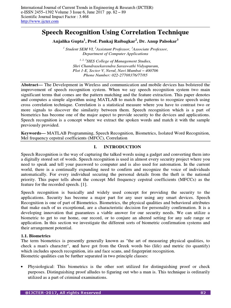 Speech Recognition Using Correlation Tec | PDF | Speech Recognition | Biometrics