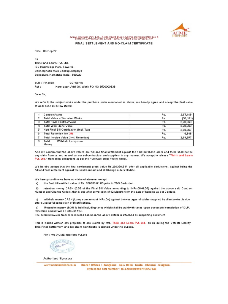 Final Settlement Certificate for Construction Work | PDF | Economies ...