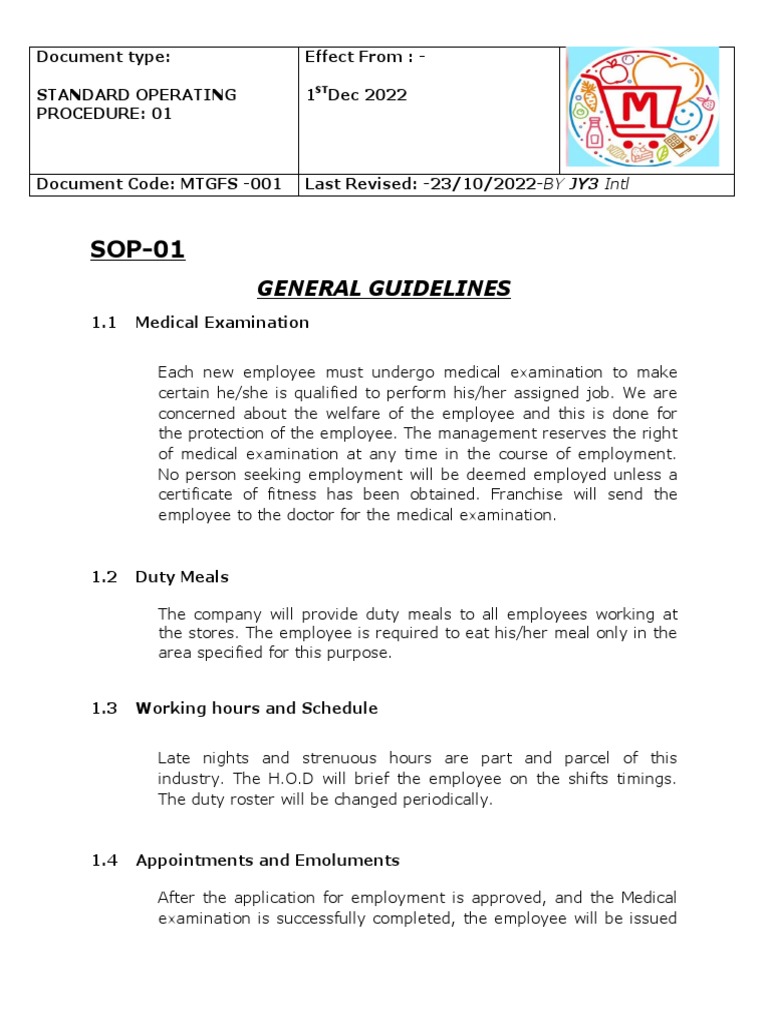 SOP Guidelines for Employee Medical Exams, Meals, Shifts, and Restrooms ...