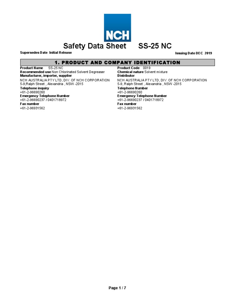 SS-25 NC Safety Data Sheet | PDF | Firefighting | Personal Protective ...
